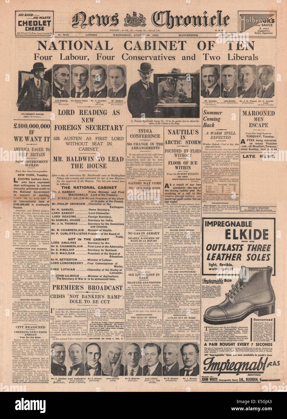 1931 News Chronicle front page reporting Ramsay MacDonald forms a National Government Stock ...