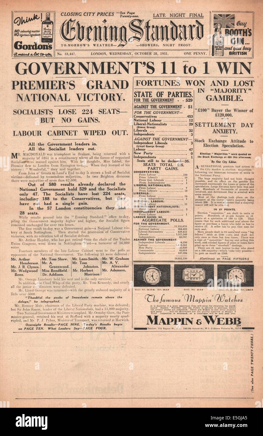 1931 Evening Standard (London) front page reporting Ramsay MacDonald's ...