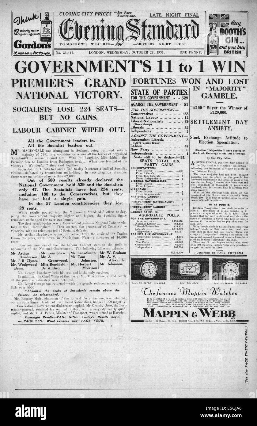 1931 Evening Standard (London) front page reporting Ramsay MacDonald's ...