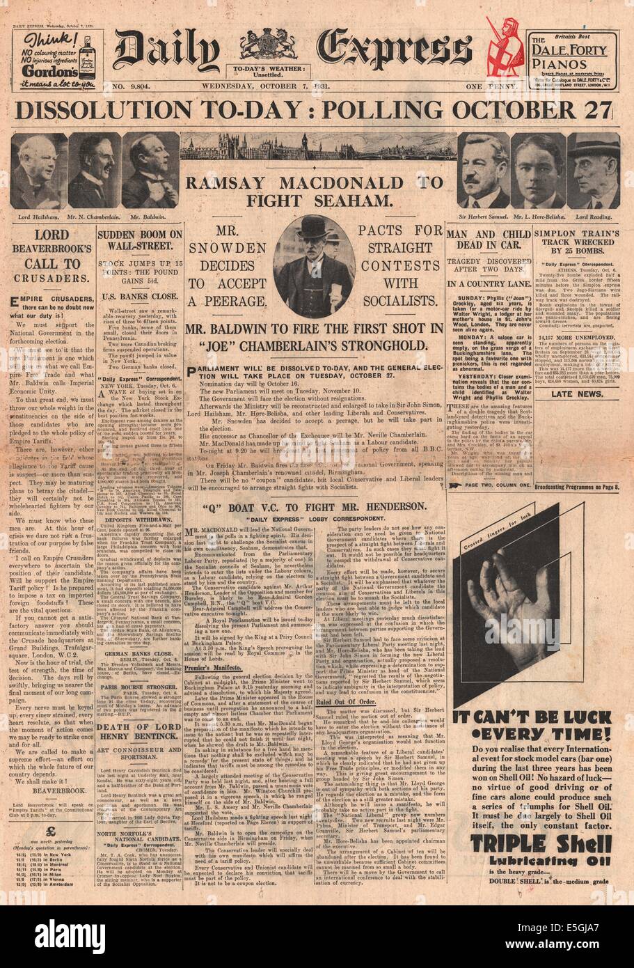 1931 Daily Express front page reporting Dissolution of parliament and ...
