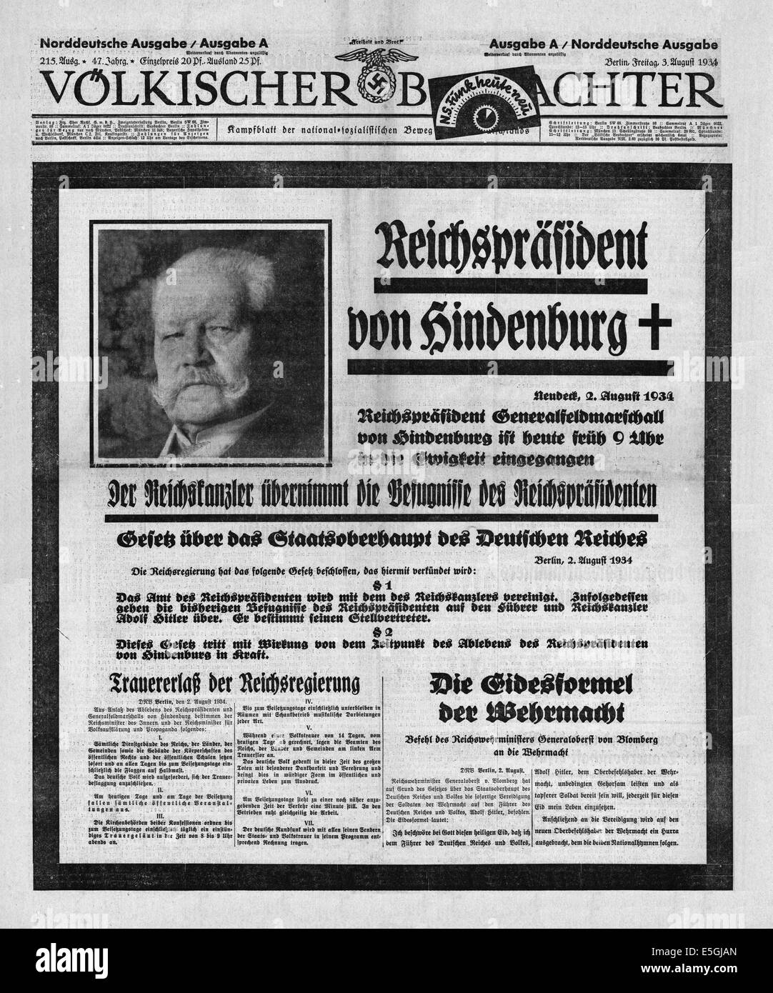 1934 Völkischer Beobachter (Germany) death of German President Generald ...