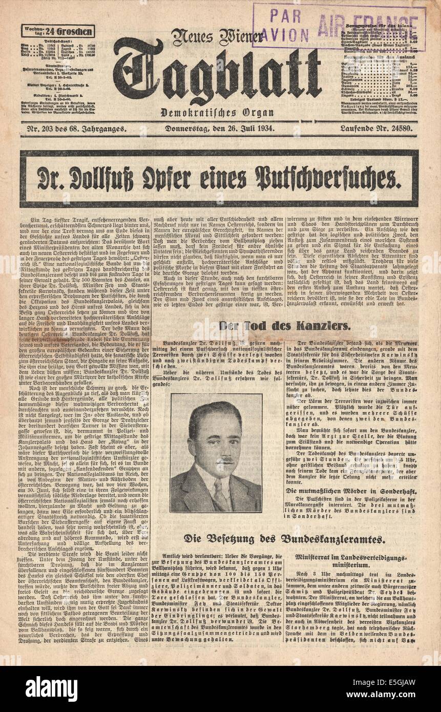 1934 Neues Wiener Tagblatt (Vienna) front page reporting the death of ...