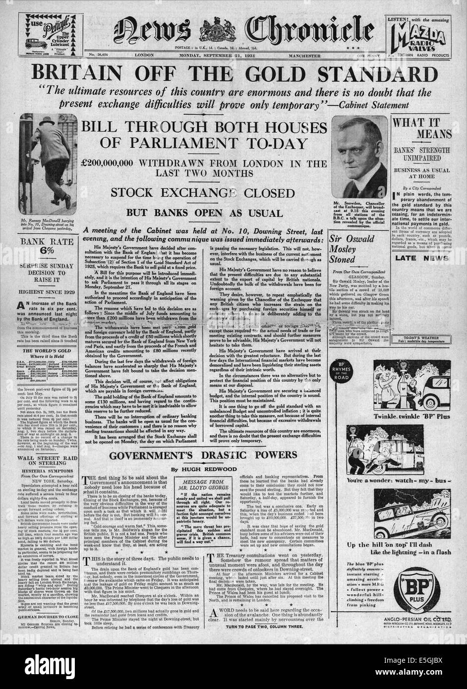 1931 News Chronicle front page reporting Britain off the Gold Standard ...