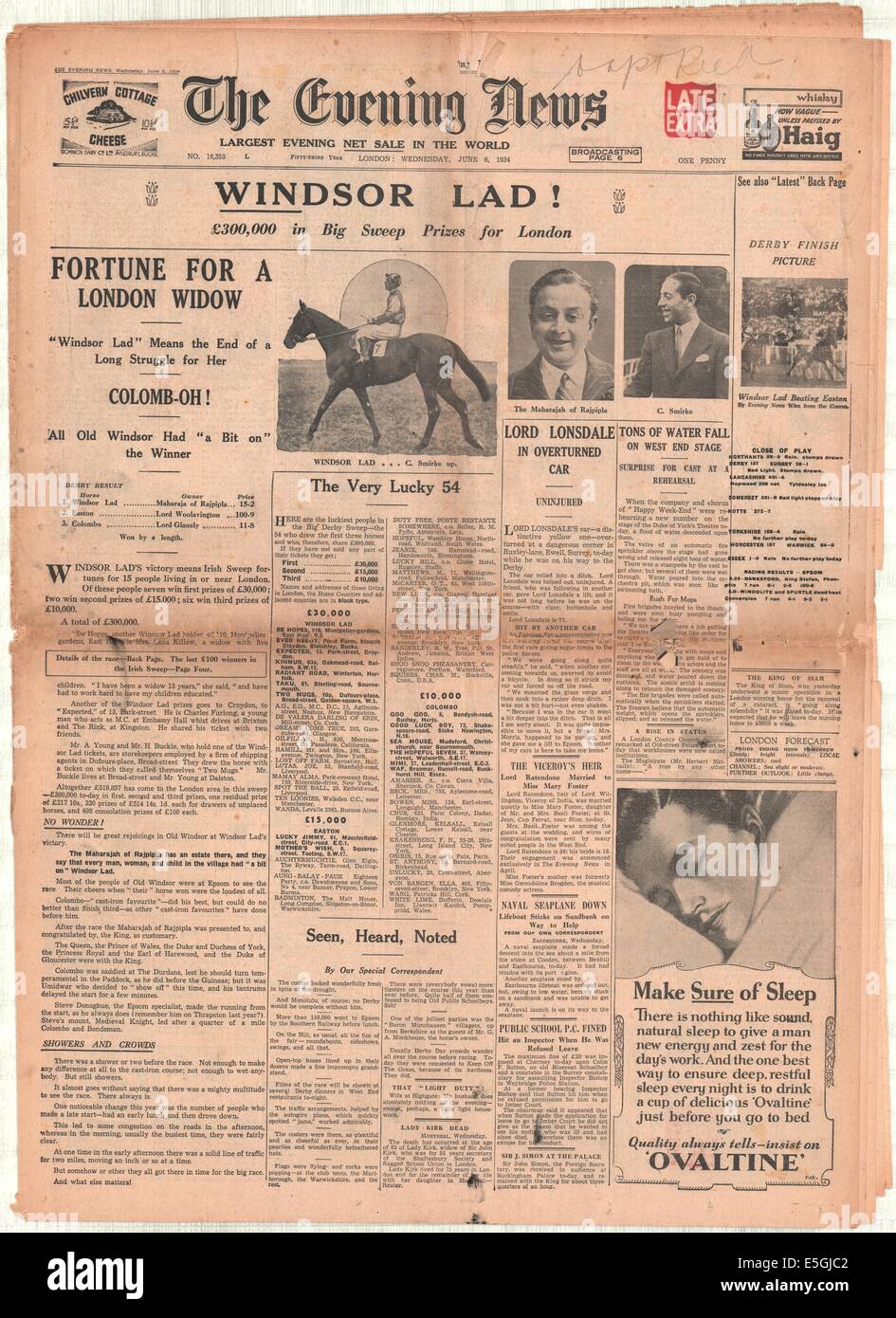 1934 Evening News (London) front page reporting Windsor Lad wins the ...