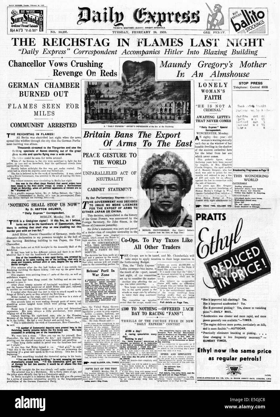 1933 Daily Express front page reporting the fire at the Reichstag ...
