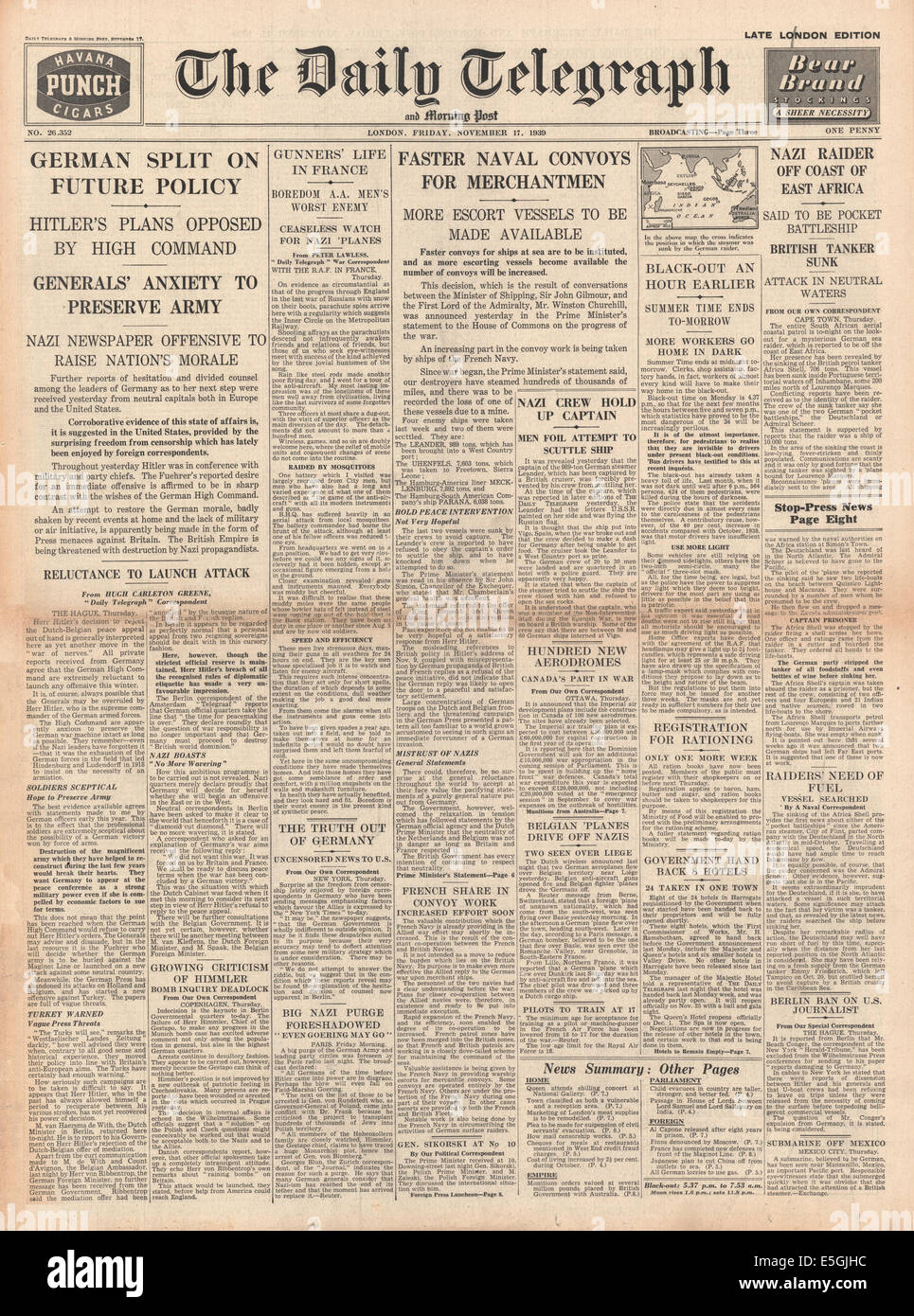 1939 Daily Telegraph front page reporting General war news Stock Photo ...
