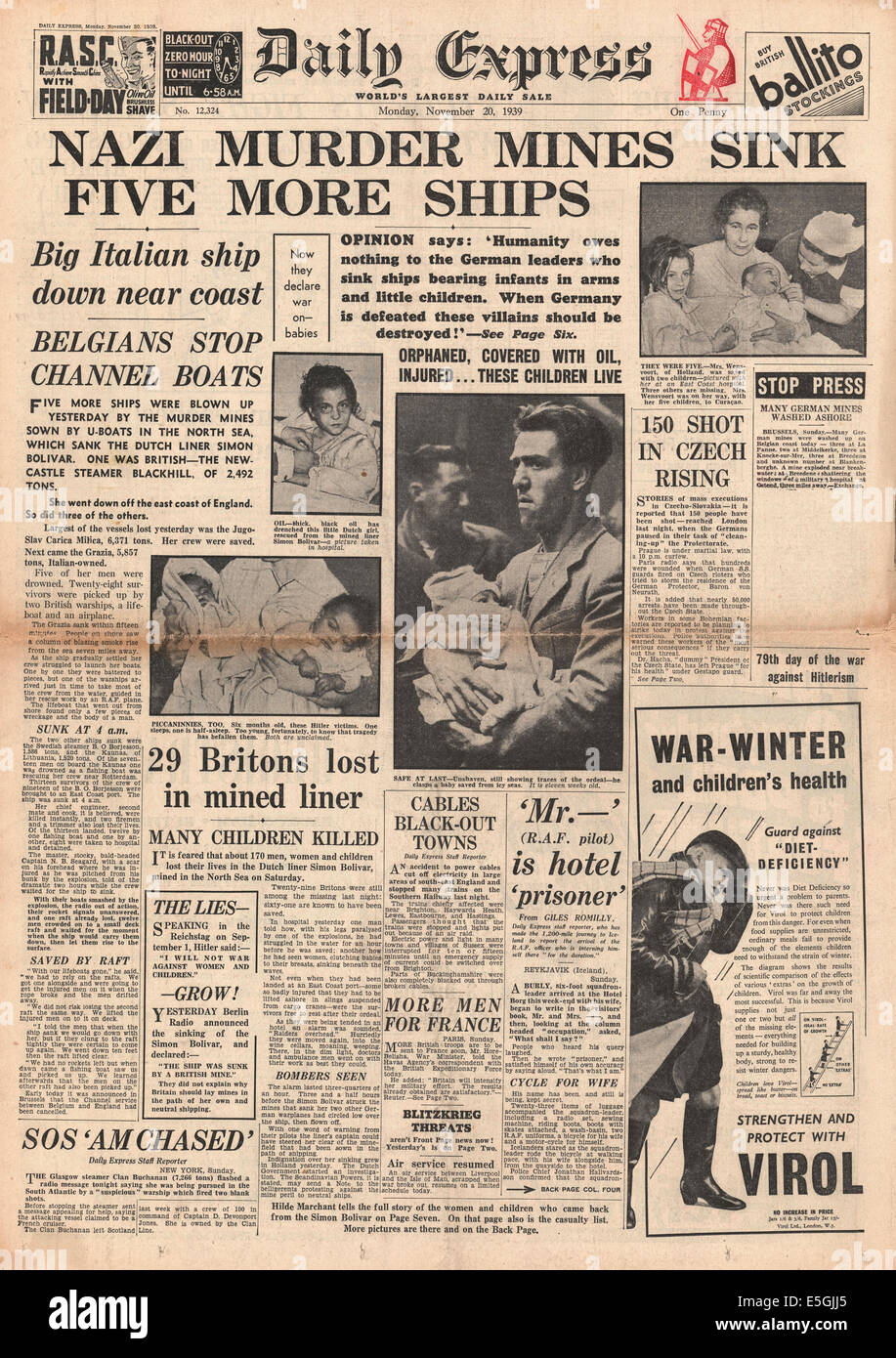 1939 Daily Express front page reporting more shipping sunk by German ...