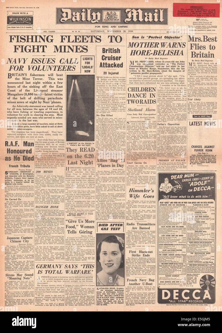 1939 Daily Mail front page reporting Fishing fleets to combat mines ...