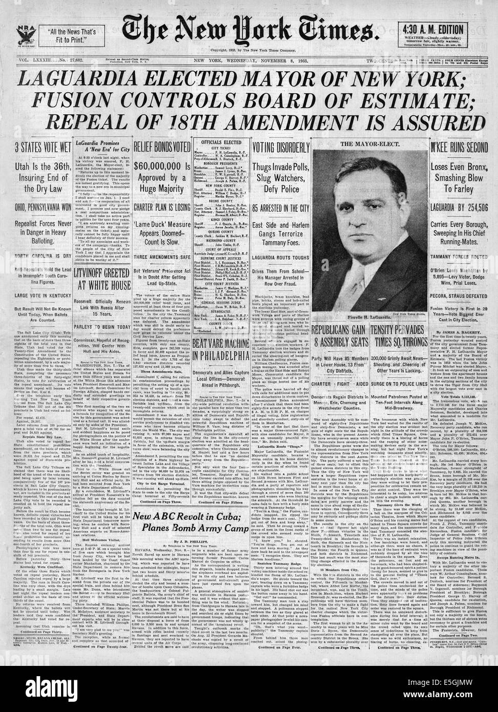 1933 New York Times (USA) front page reporting Fiorello LaGuardia ...