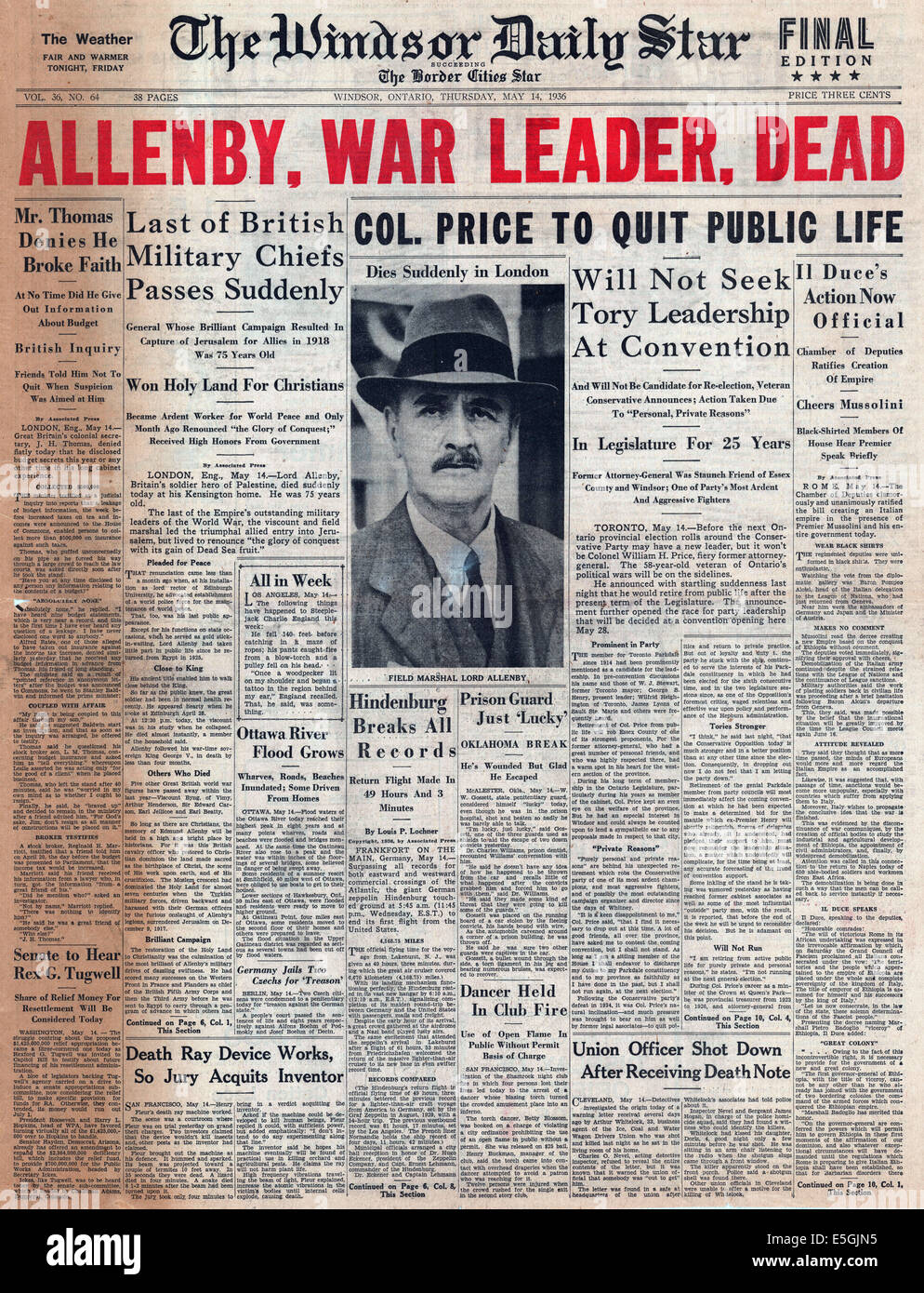 1936 Windsor Daily Star (Canada) front page reporting the death of ...
