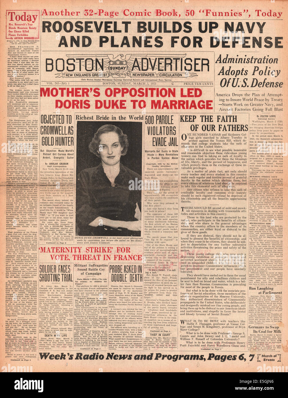 1936 Boston Advertiser (USA) front page reporting the marriage of ...