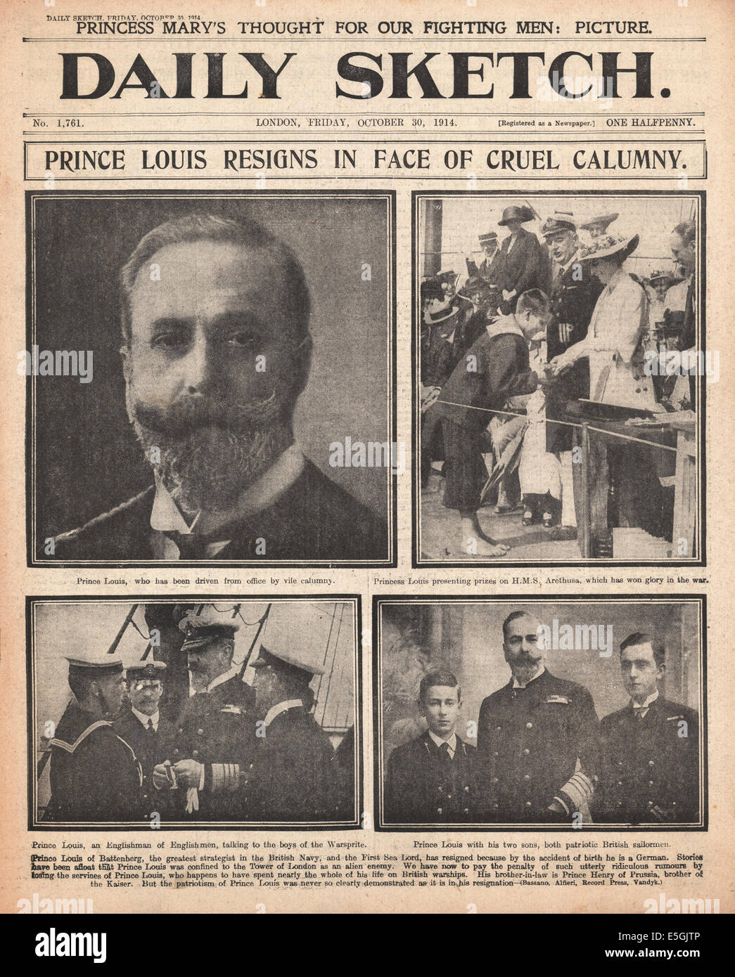 1914 Daily Sketch front page reporting Prince Louis of Battenberg ...