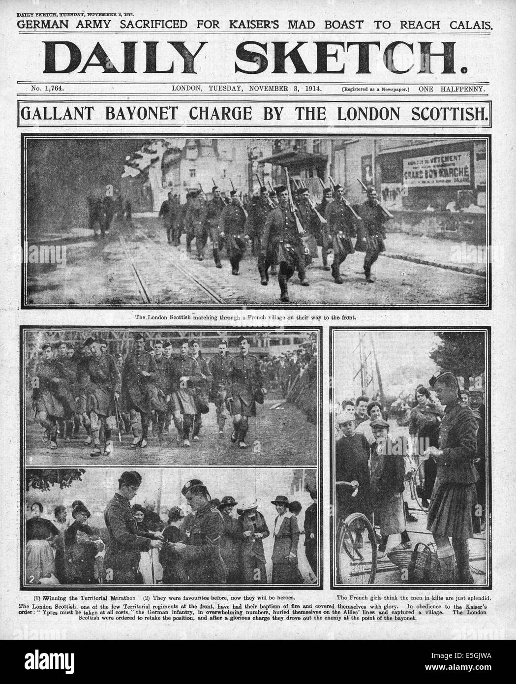 1914 Daily Sketch front page reporting the London Scottish territorial ...
