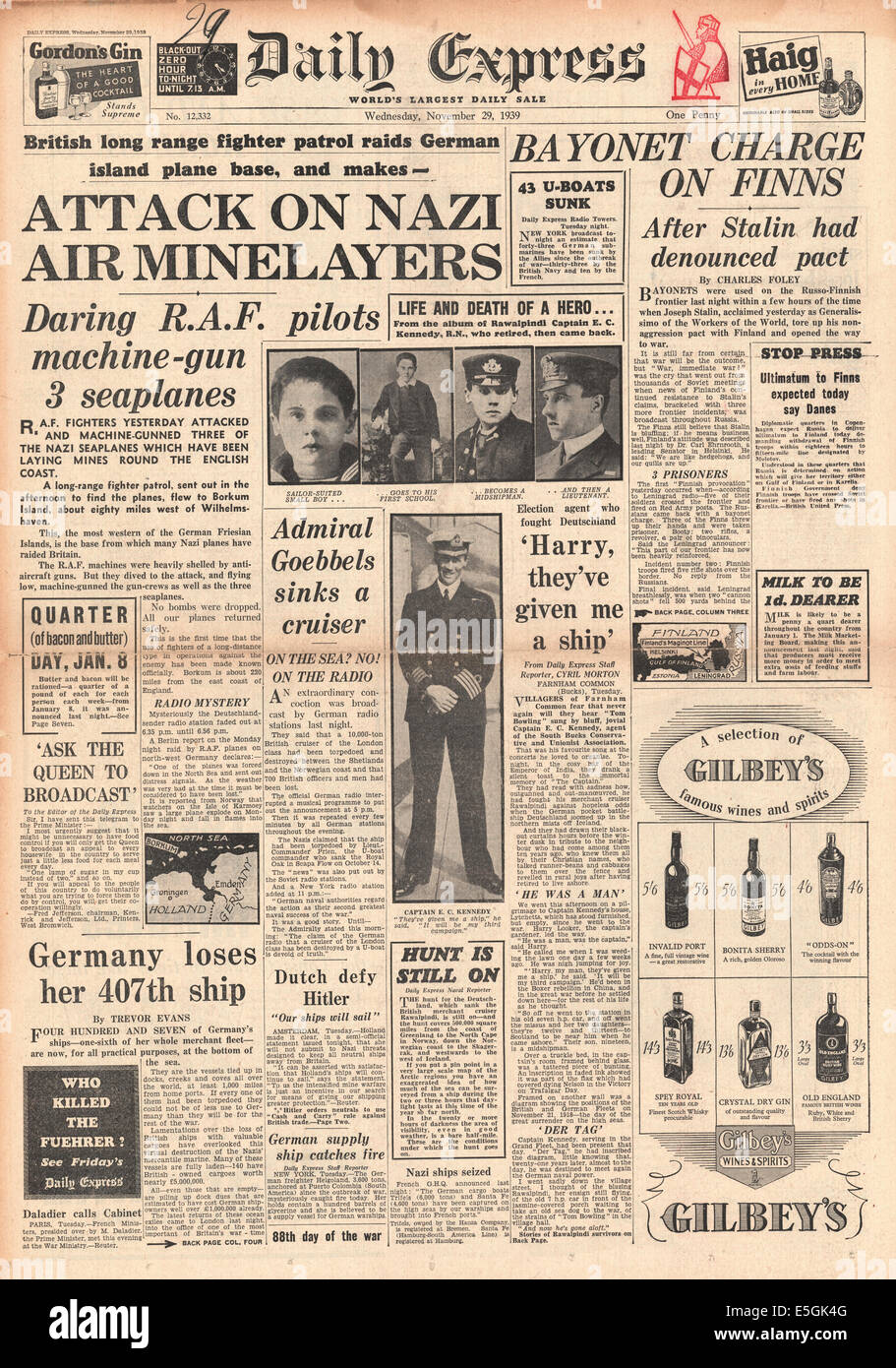 1939 Daily Express front page reporting RAF attack on air base on ...