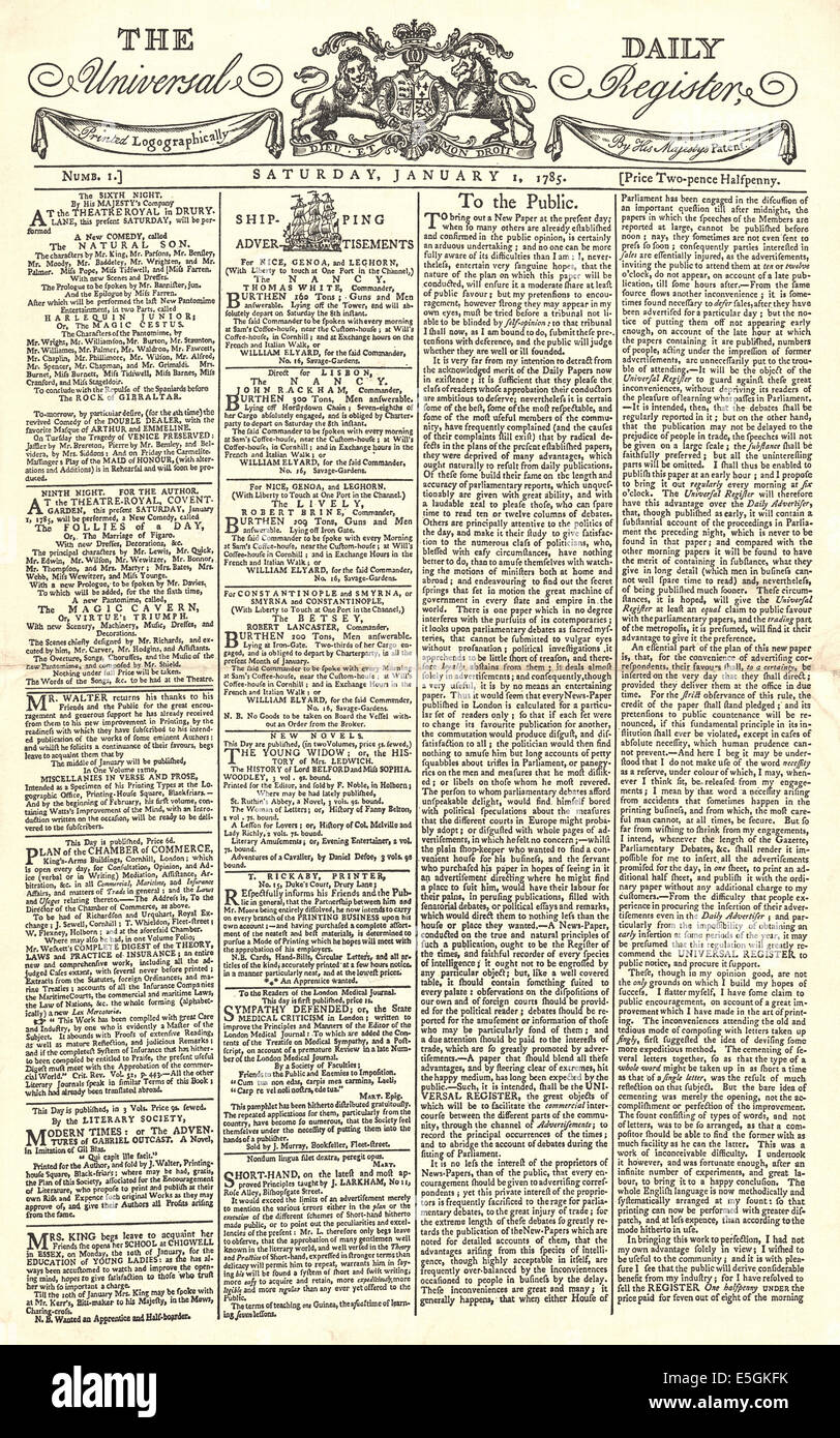 1785 The Daily Universal Register issue No. 1 later becoming The Times ...