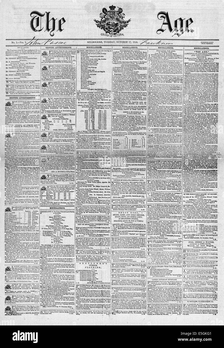 1854 The Age (Australia) issue No. 1 Stock Photo - Alamy