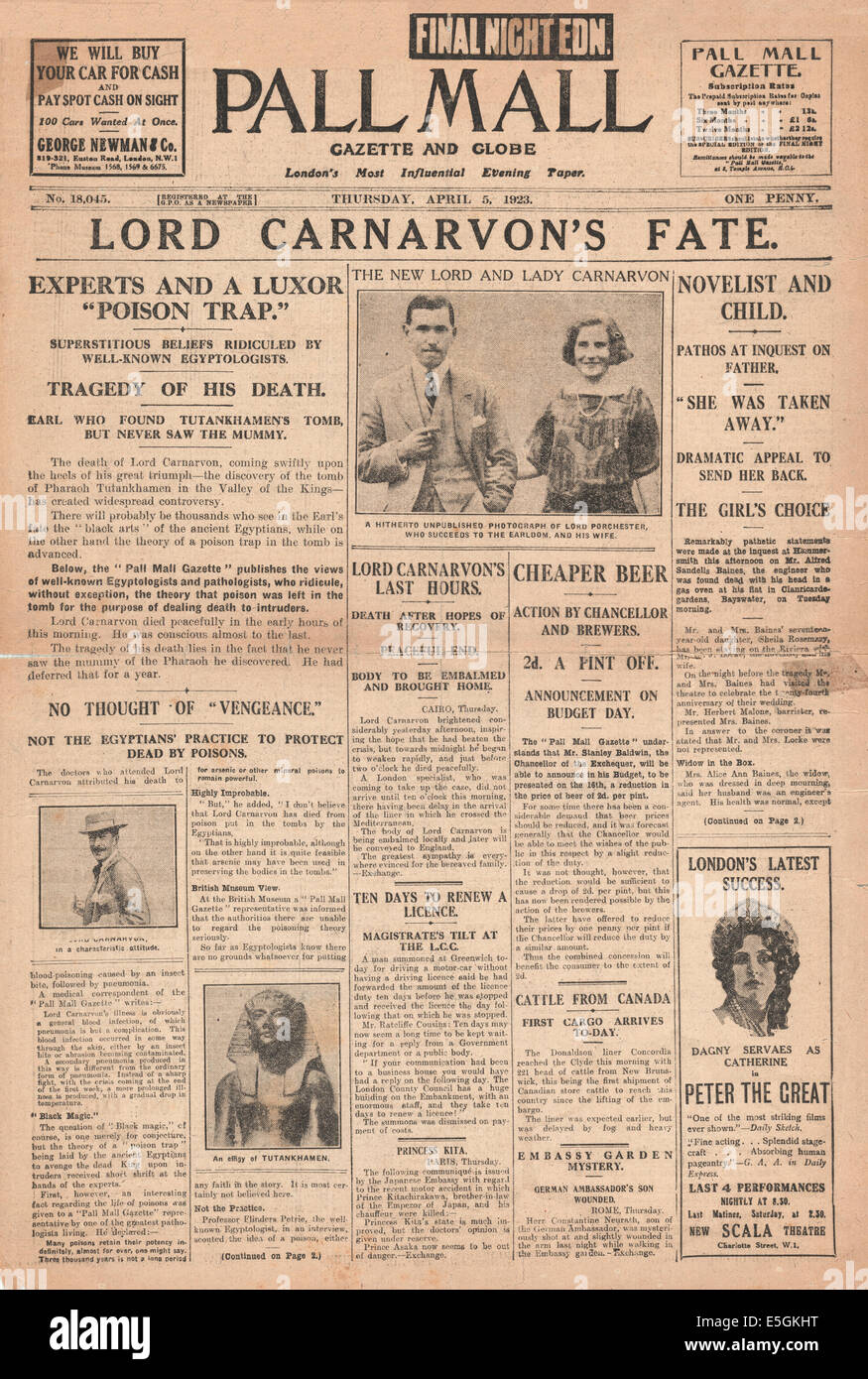 1923 Pall Mall Gazette front page reporting the Death of Lord Carnarvon ...