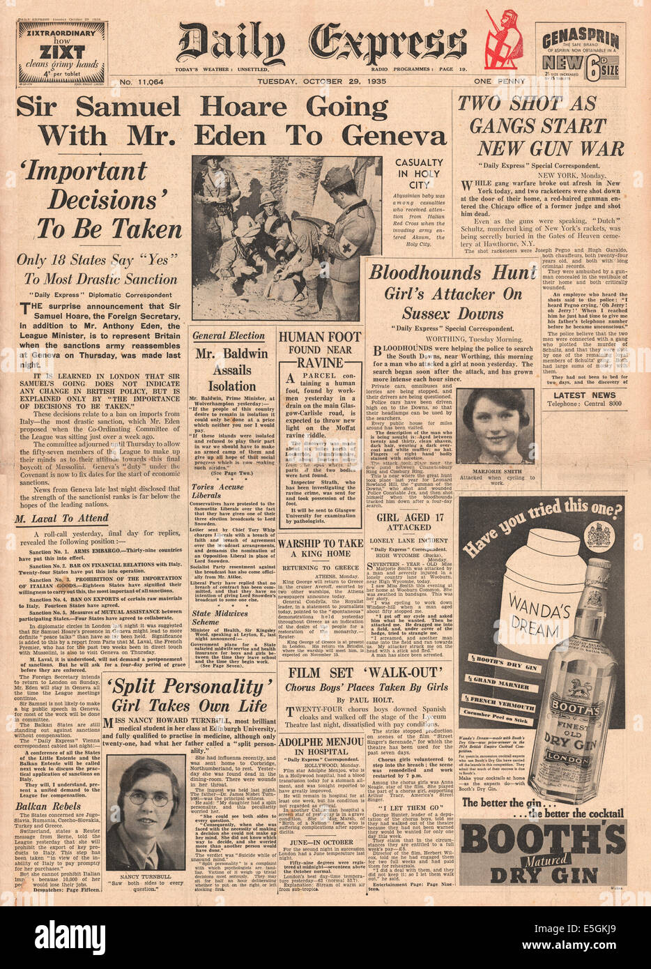 1935 Daily Express front page reporting British Foreign Secretary ...