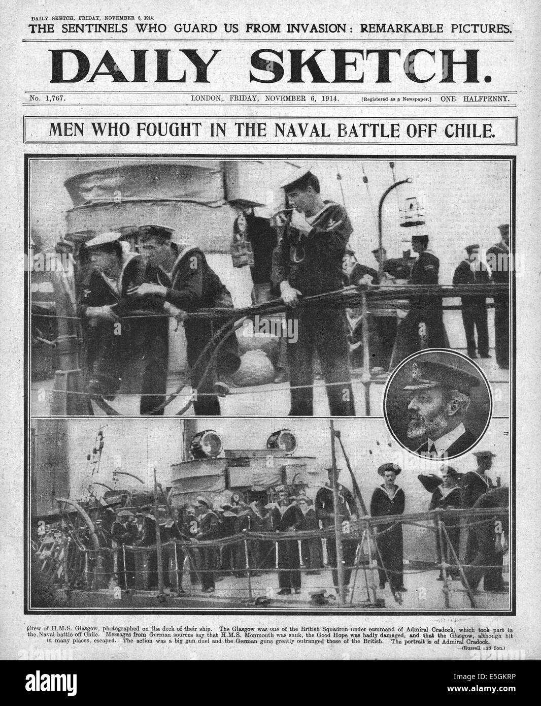 1914 Daily Sketch front page reporting the Battle of Coronel Stock ...
