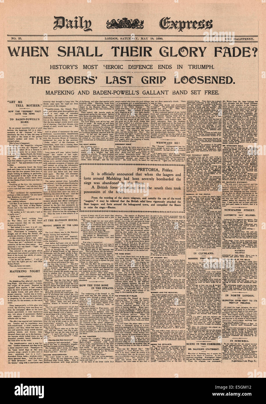 1900 Daily Express front page reporting Relief of Mafeking during Boer ...