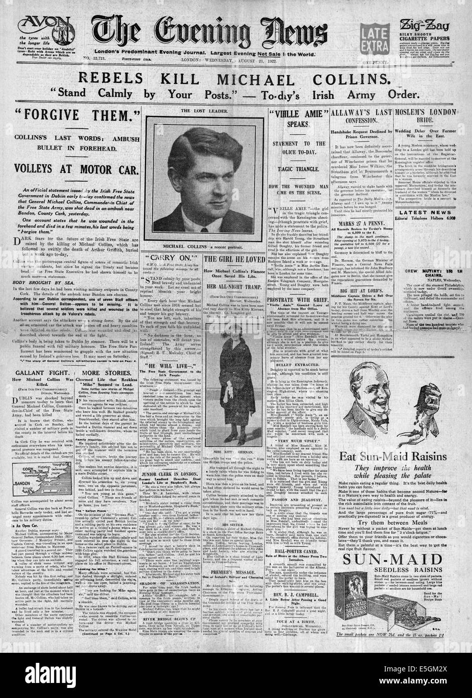 1922 Evening News (London) front page reporting the assassination of ...