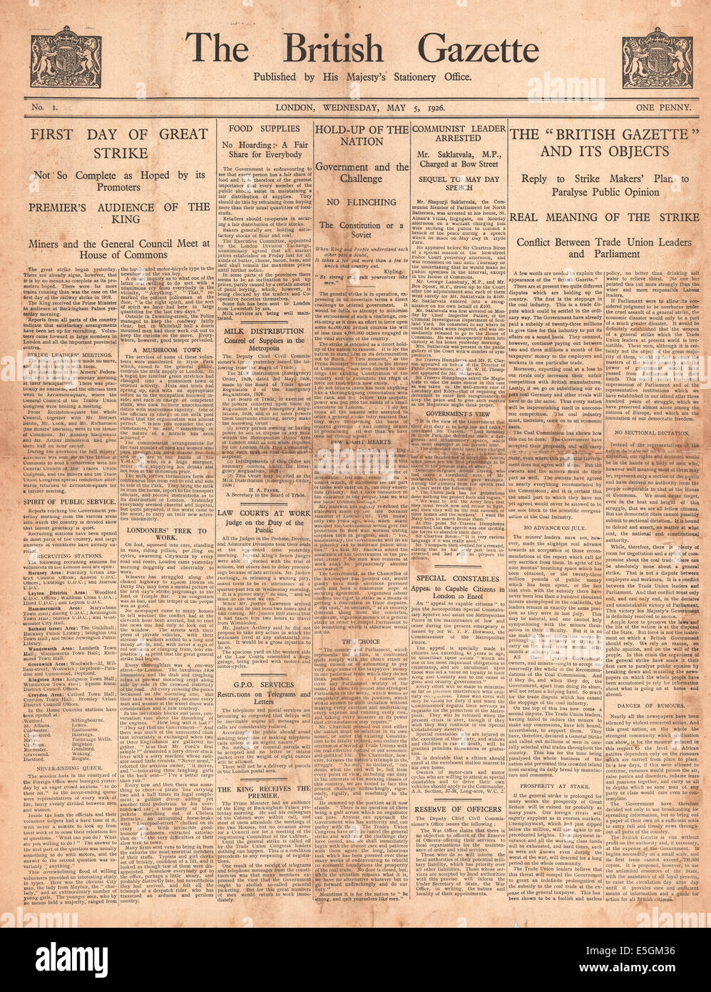 1926 The British Gazette front page reporting the beginning of the ...
