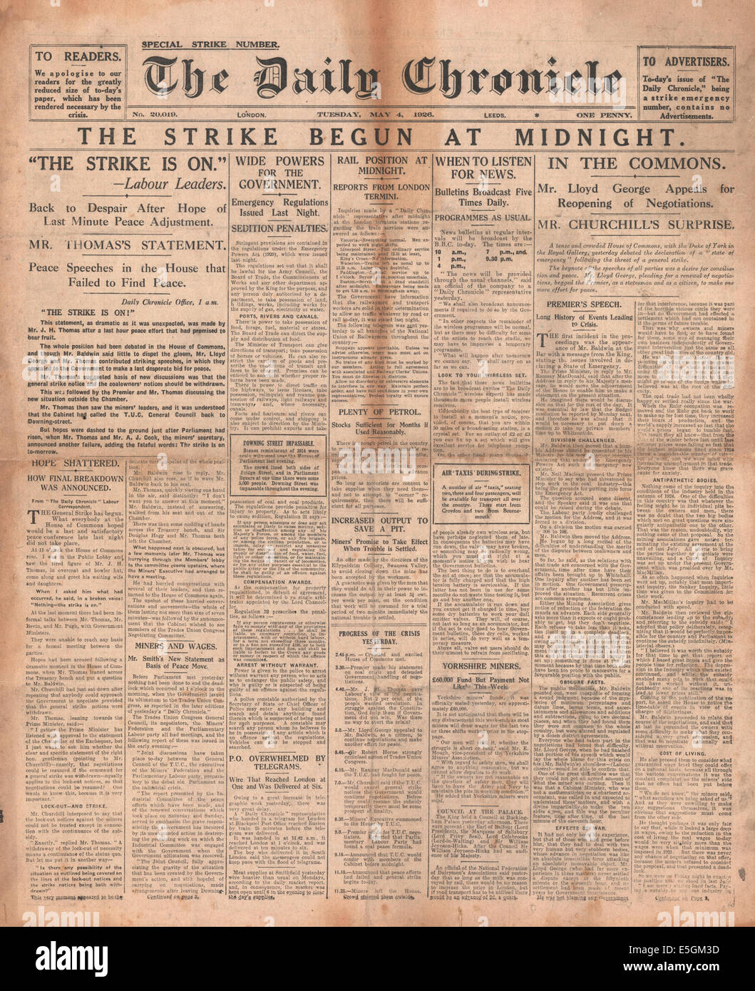 1926 The Daily Chronicle front page reporting the beginning of the ...