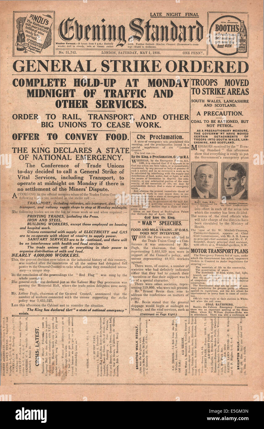 1926 The British Gazette front page reporting the announcement of a ...