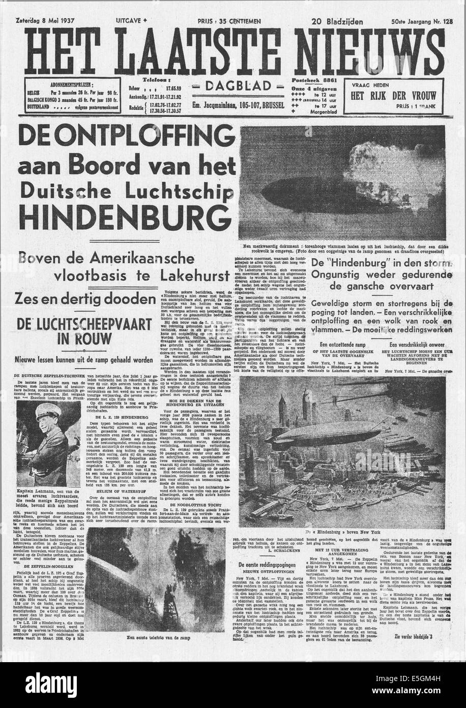 1937 Het Laatste Nieuws (Belgium) front page reporting the Hindenburg ...