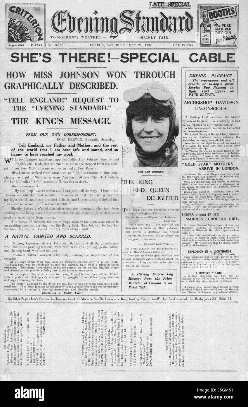 1930 Evening Standard (London) front page reporting her solo flight ...