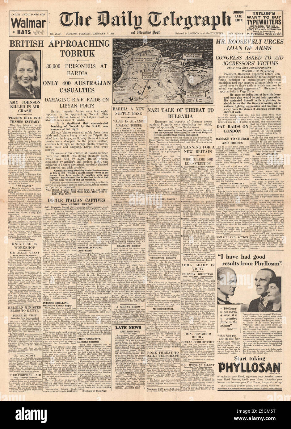 1941 Daily Telegraph front page reporting Amy Johnson killed in plane ...