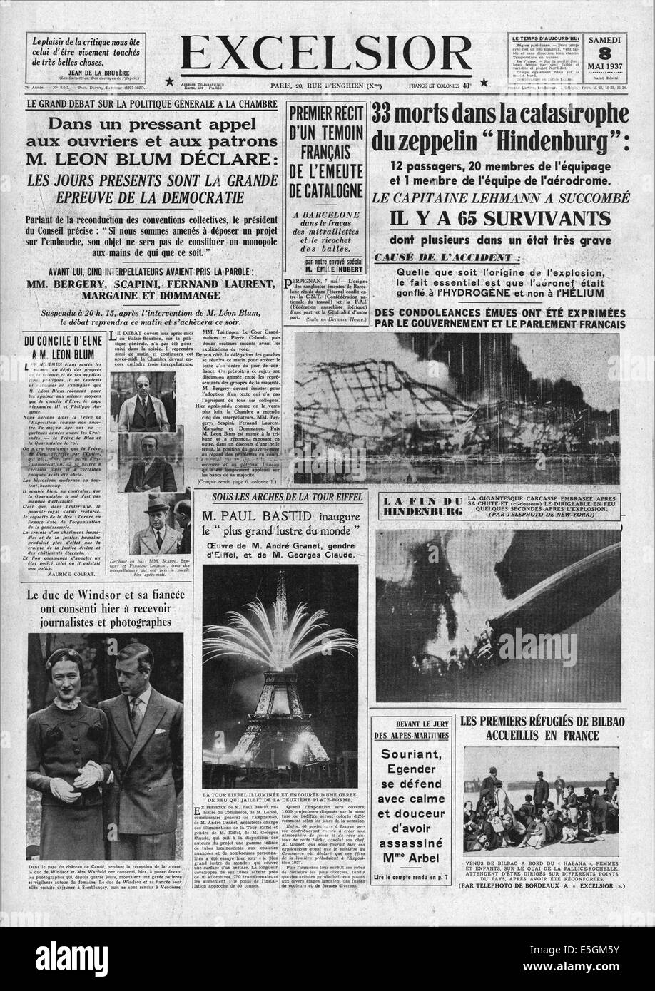1937 Excelsior (France) front page reporting the Hindenburg zeppelin ...
