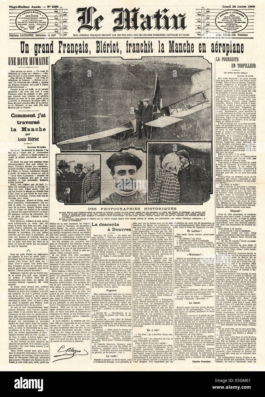 1909 Le Matin (France) front page reporting Louis Bleriot's flight ...