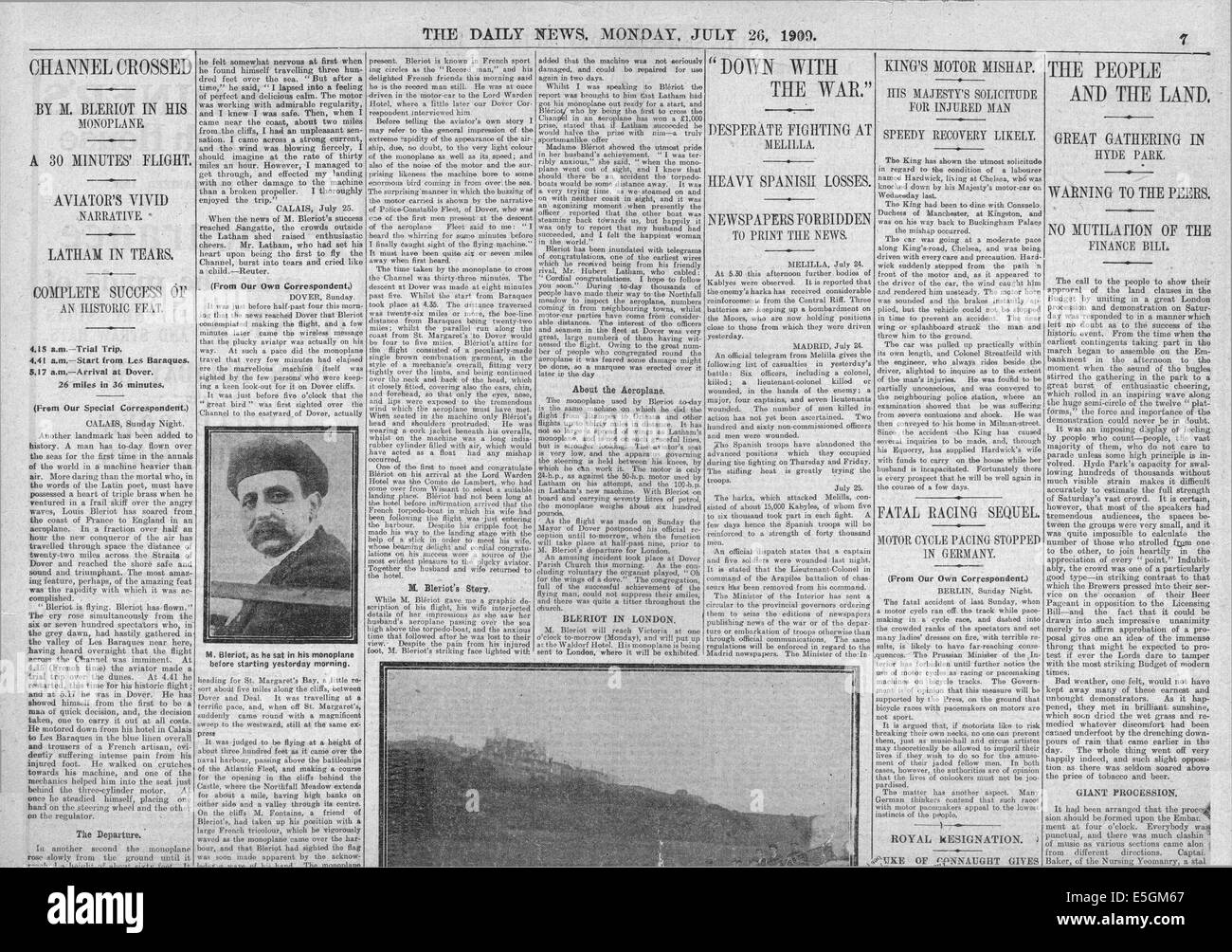1909 Daily Mail page 7 reporting Louis Bleriot's flight across the ...