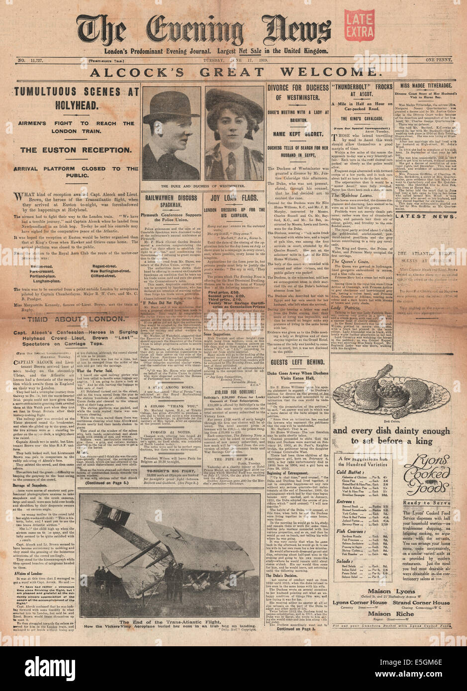 1919 Evening News (London) front page reporting Alcock & Brown ...