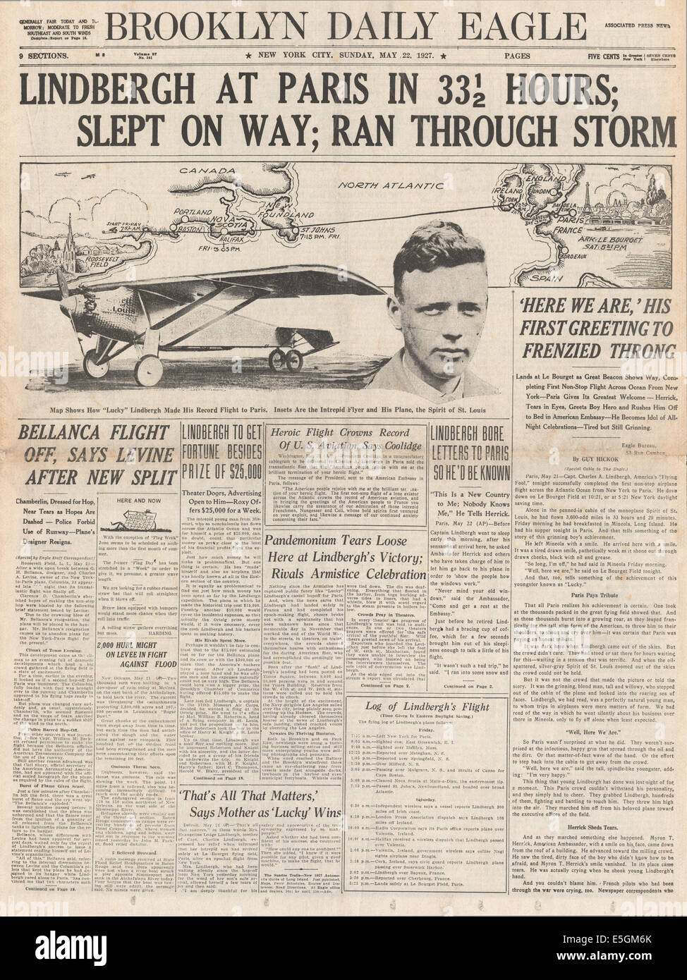 1927 Brooklyn Daily Eagle front page reporting the first solo trans ...