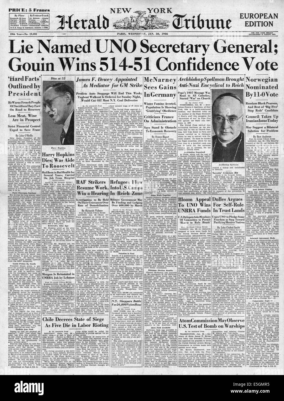 1946 New York Herald Tribune front page reporting Trygve Lie is named ...