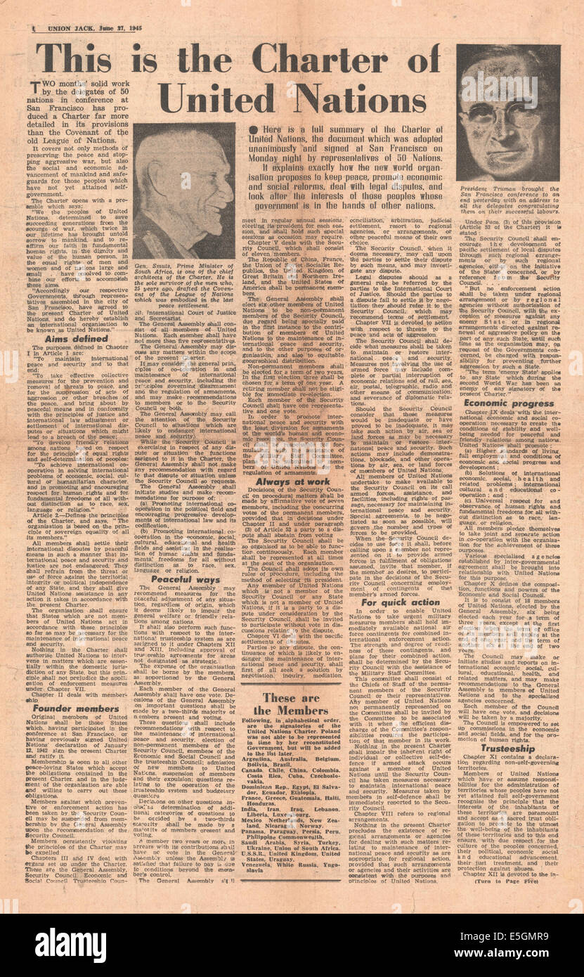 1945 Union Jack British military newspaper page reporting the signing ...