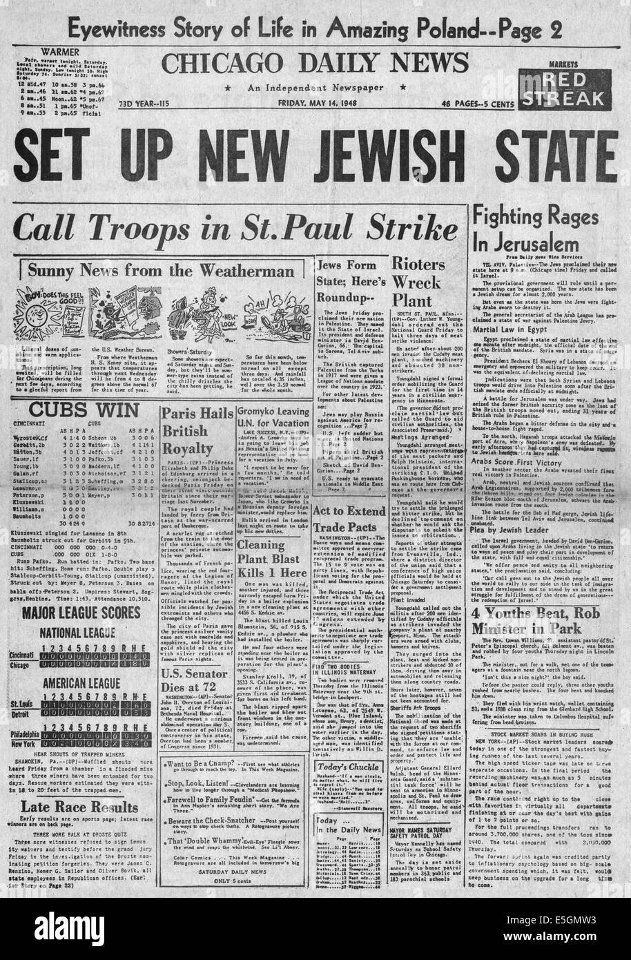 1948 Chicago Daily News front page reporting State of Israel created ...