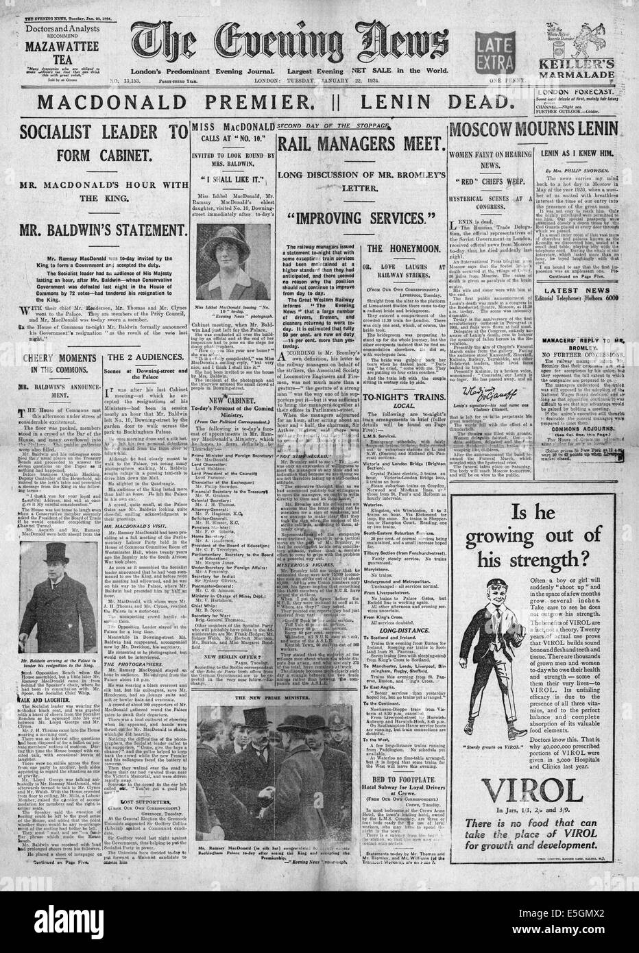1924 Evening News (London) front page reporting British Labour ...