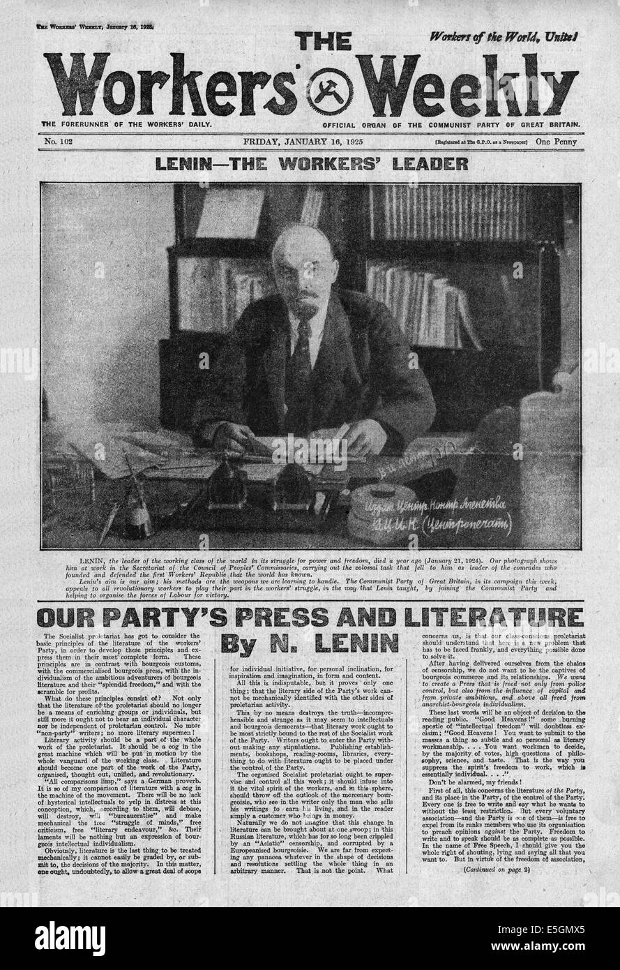 1925 Worker's Weekly front page first anniversary of Lenin's death ...