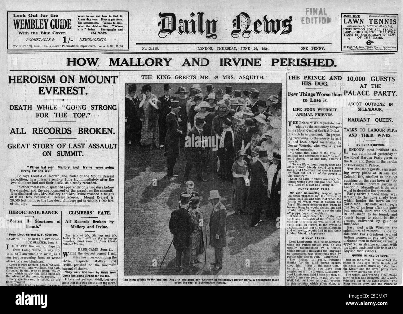 1924 Daily News Mallory and Irvine's death on Mount Everest Stock Photo ...