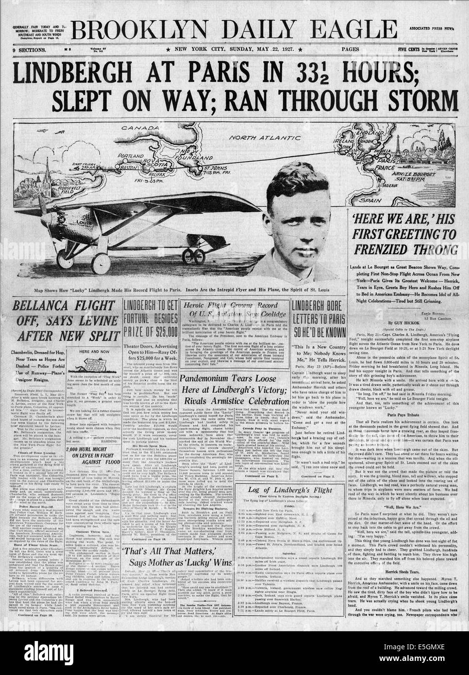 1927 Brooklyn Daily Eagle front page reporting Lindbergh flies solo ...