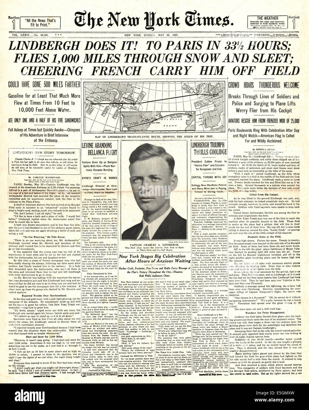 1927 New York Times front page reporting Lindbergh flies solo across ...