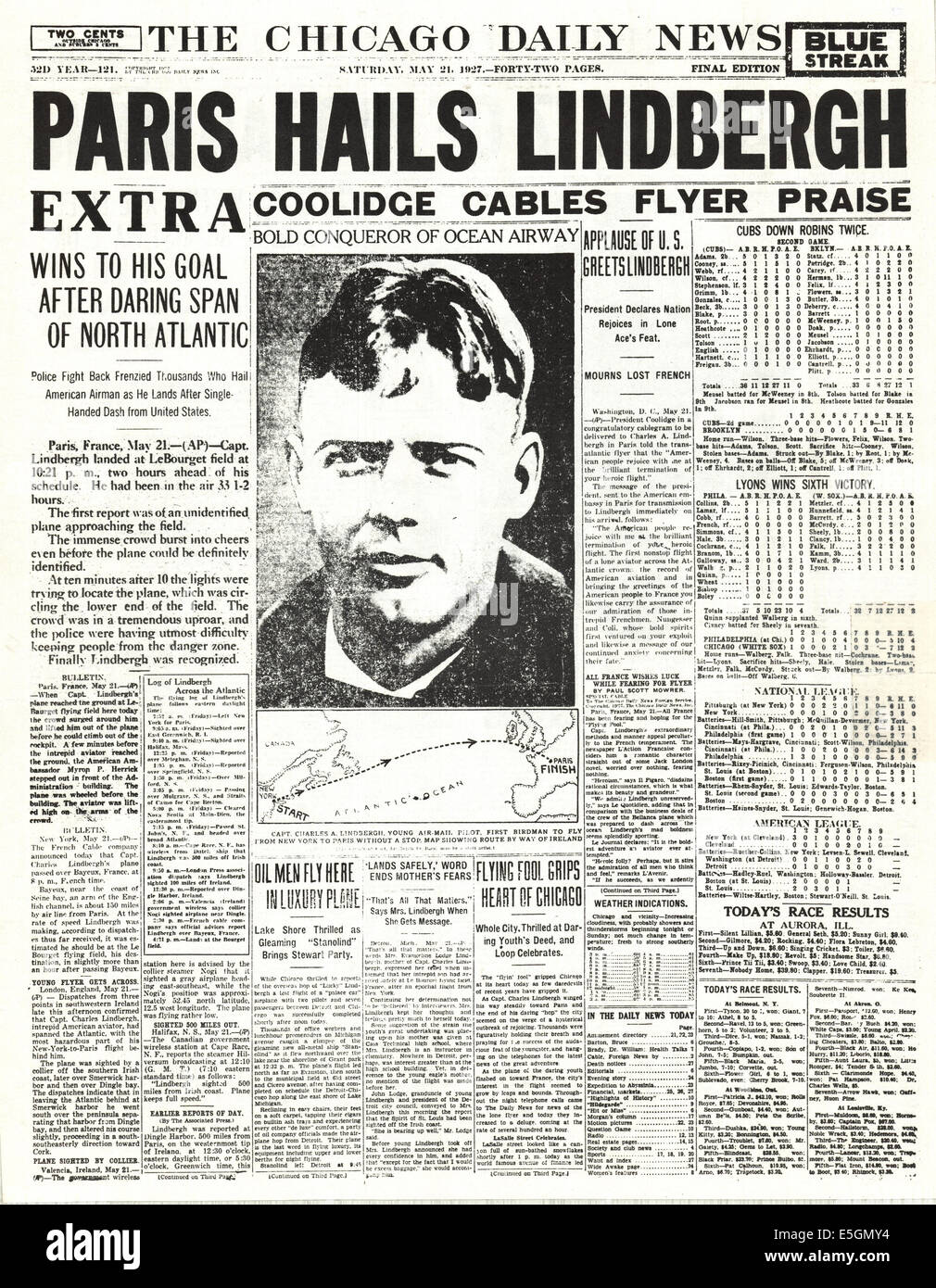 1927 Chicago Daily News front page reporting Lindbergh flies solo ...