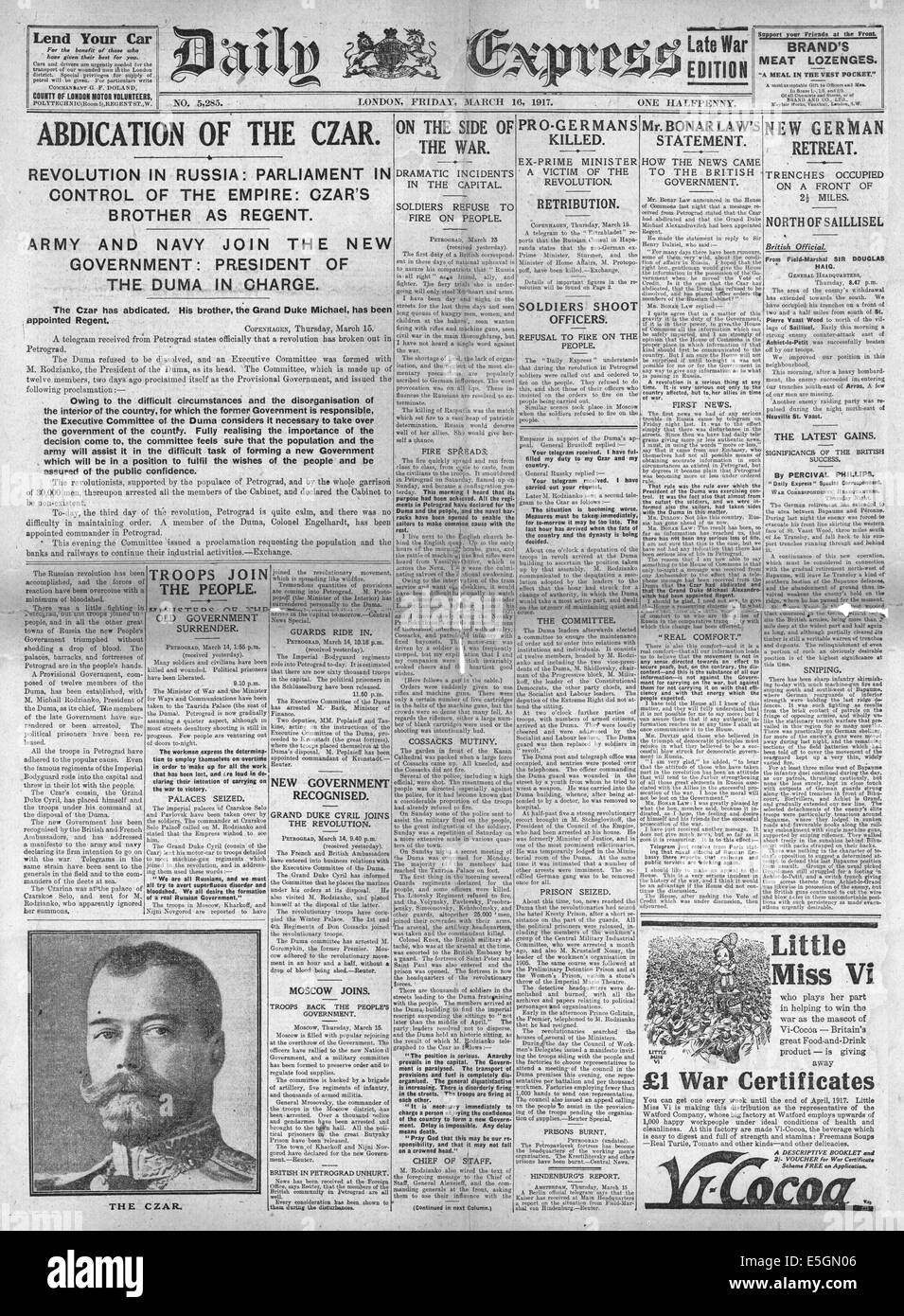 1917 Daily Express front page reporting the Russian Revolution and ...