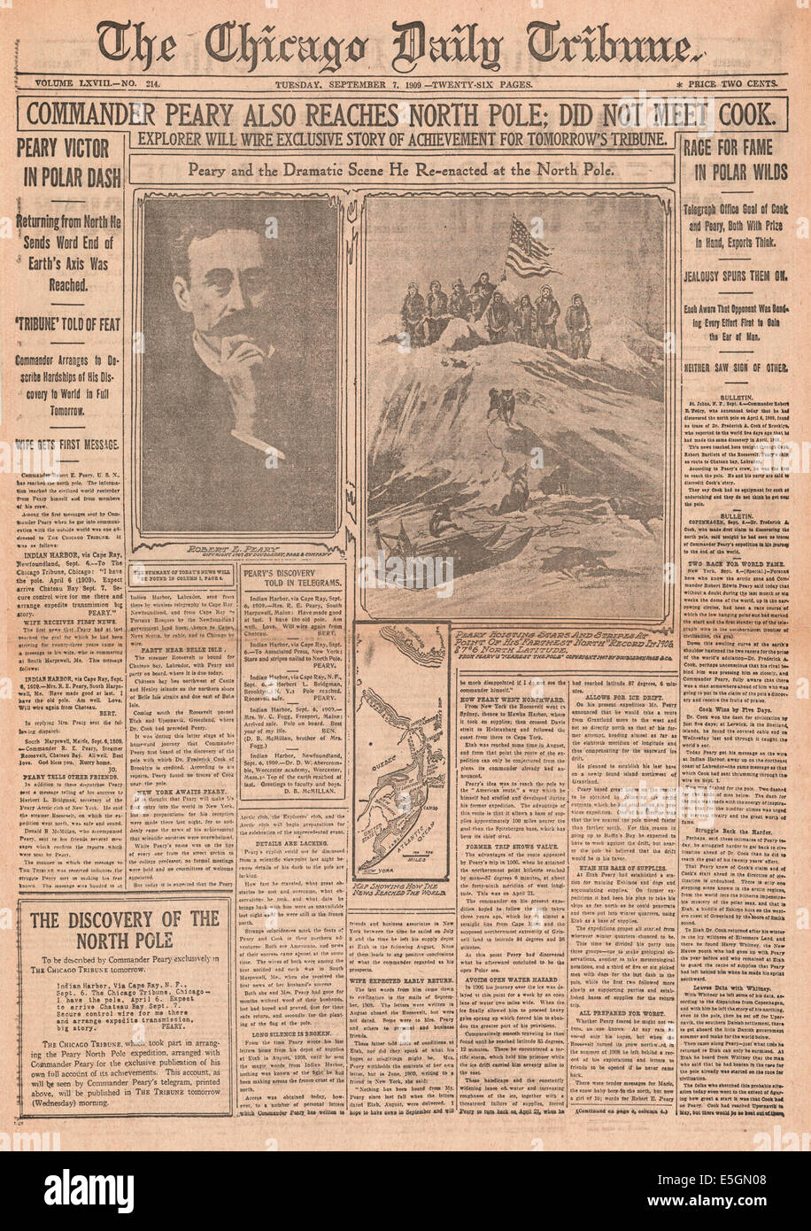 1909 Chicago Daily Tribune front page reporting Commander Peary reaches ...