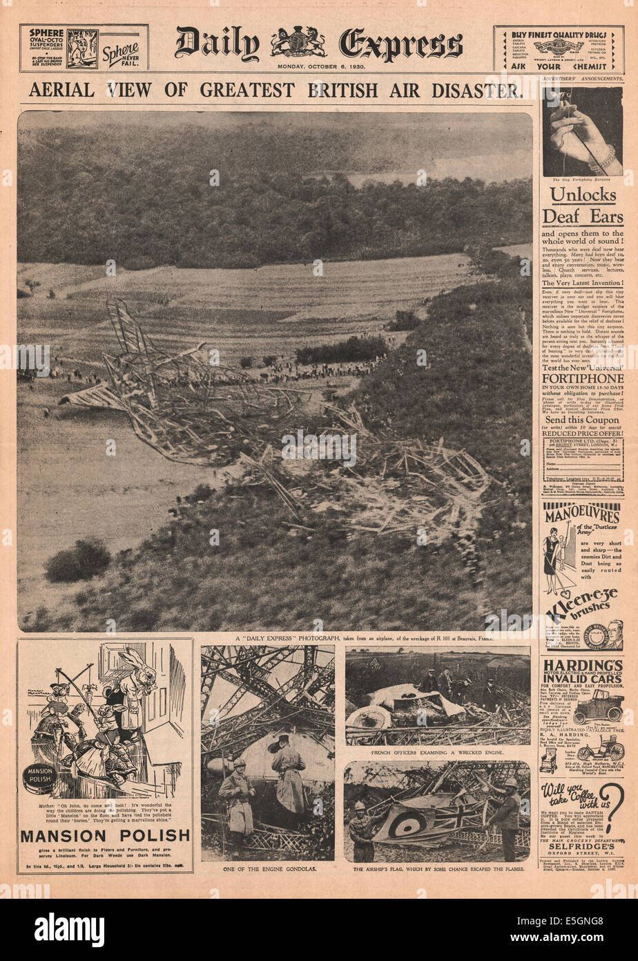 1930 Daily Express back page reporting the R101 airship disaster in ...
