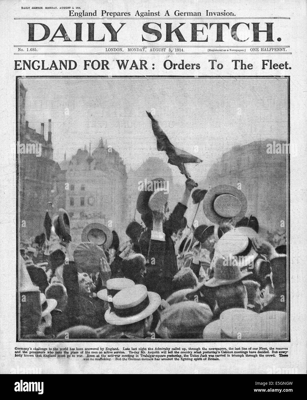 1914 Daily Sketch front page reporting England prepares for war Stock ...