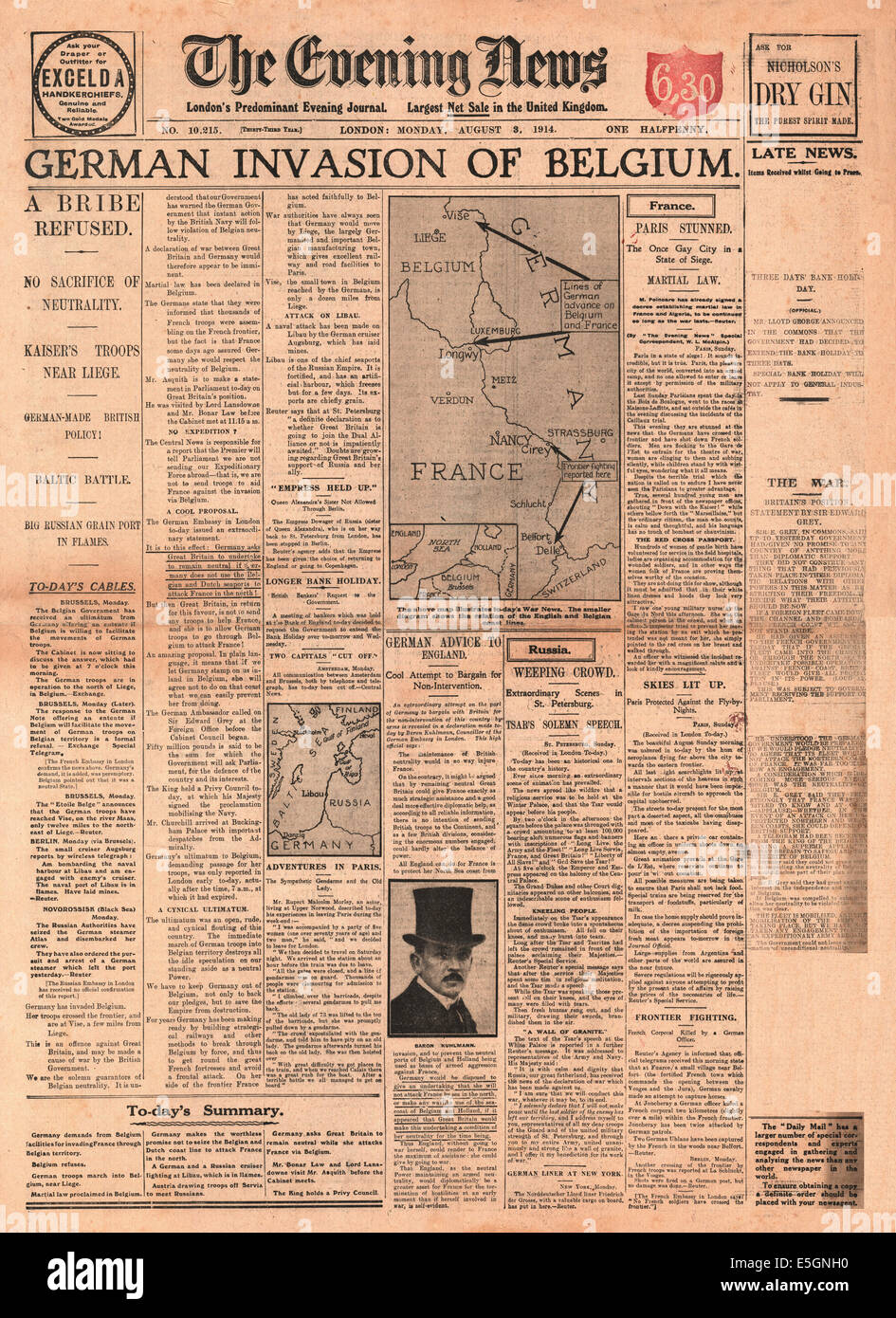 1914 Evening News front page reporting German invasion of Belgium Stock ...